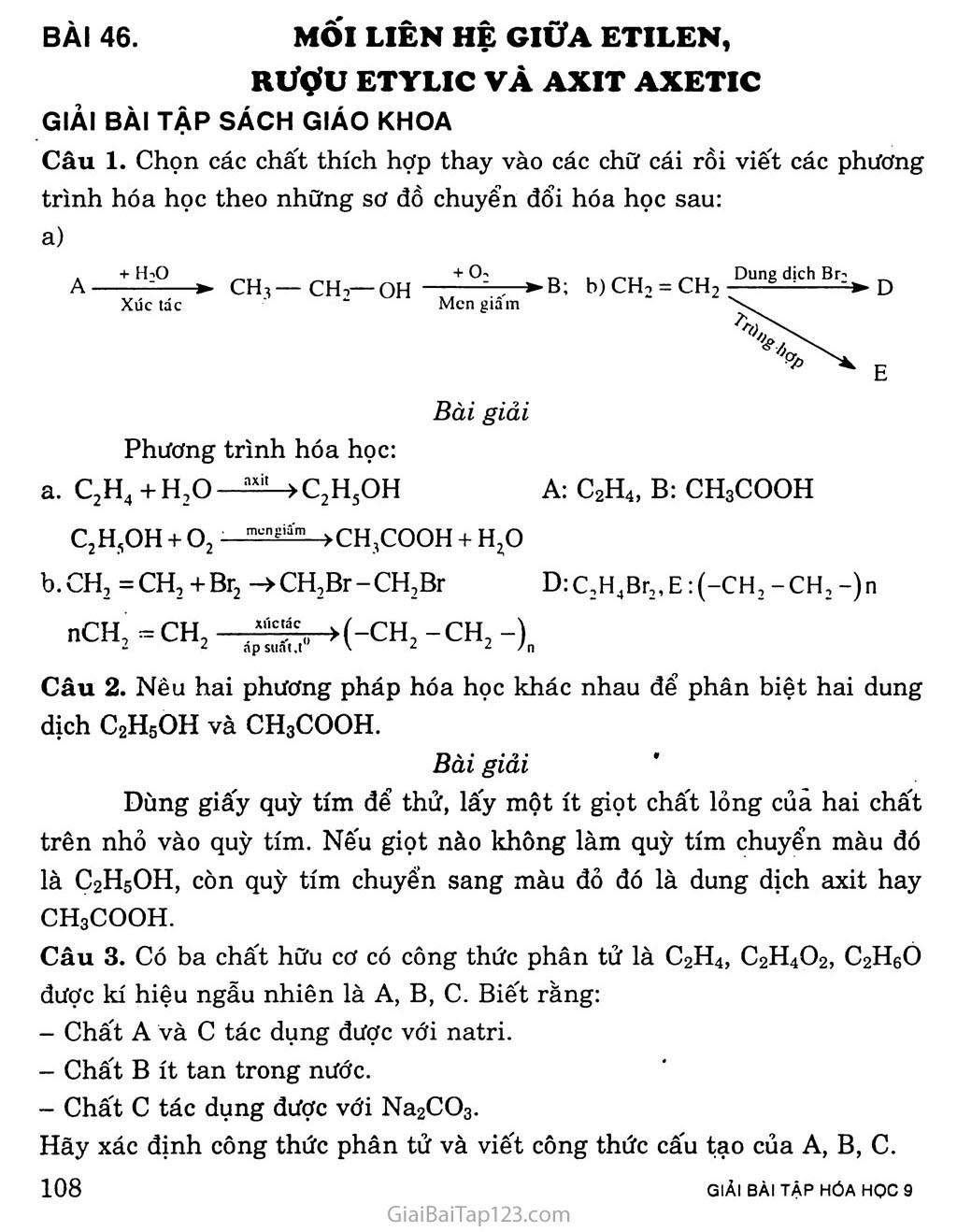 Giải Hóa 9: Bài 46. Mối liên hệ giữa etilen, rượu etylic và axit axetic